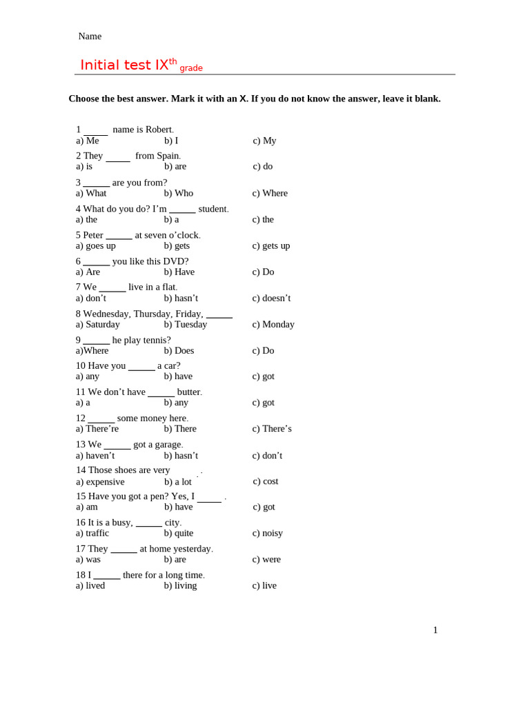 Placement Test IX TH Grade | PDF
