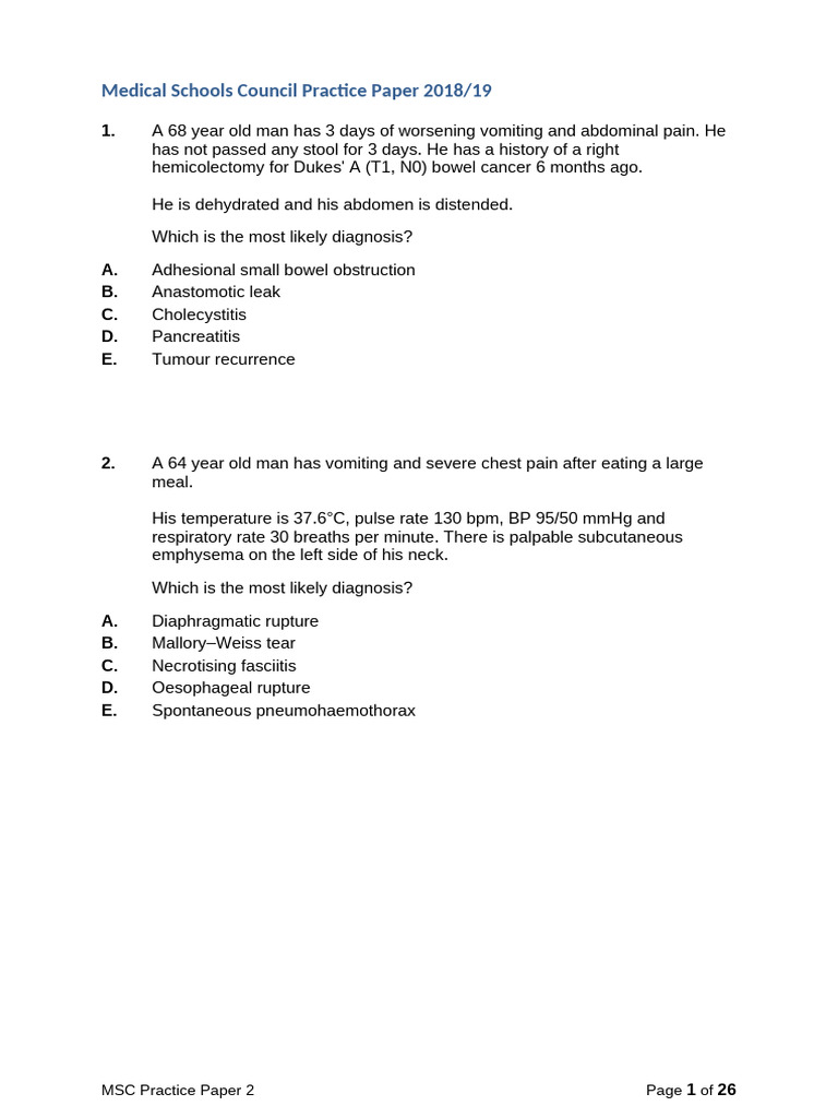 MSCAA Practice Paper 2 (NO Answers) | PDF | Medical Specialties | Human ...
