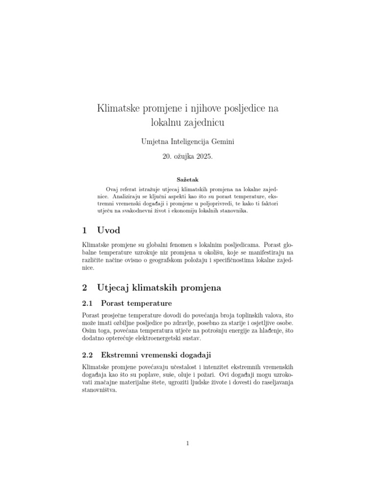 Klimatske Promjene I Njihove Posljedice Na Lokalnu Zajednicu | PDF