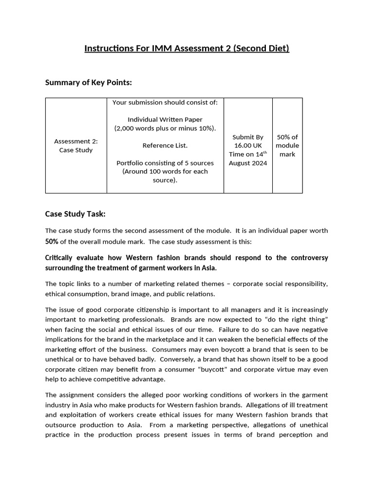 Instructions for IMM Assessment 2 Second Diet (1) | PDF | Brand | Corporate Social Responsibility