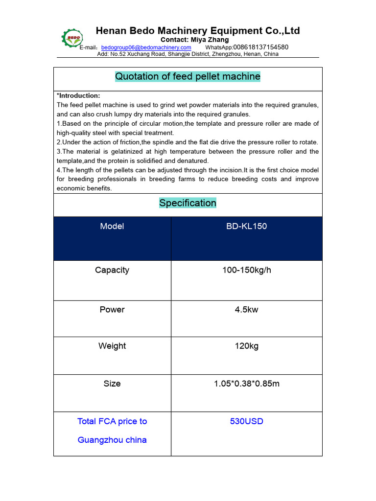 Quotation of Feed Pellet Machine From BEDO Miya241203 | PDF ...