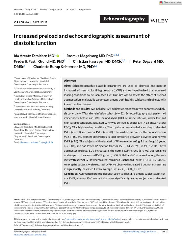 Echocardiography - 2024 - Taraldsen - Increased Preload and ...