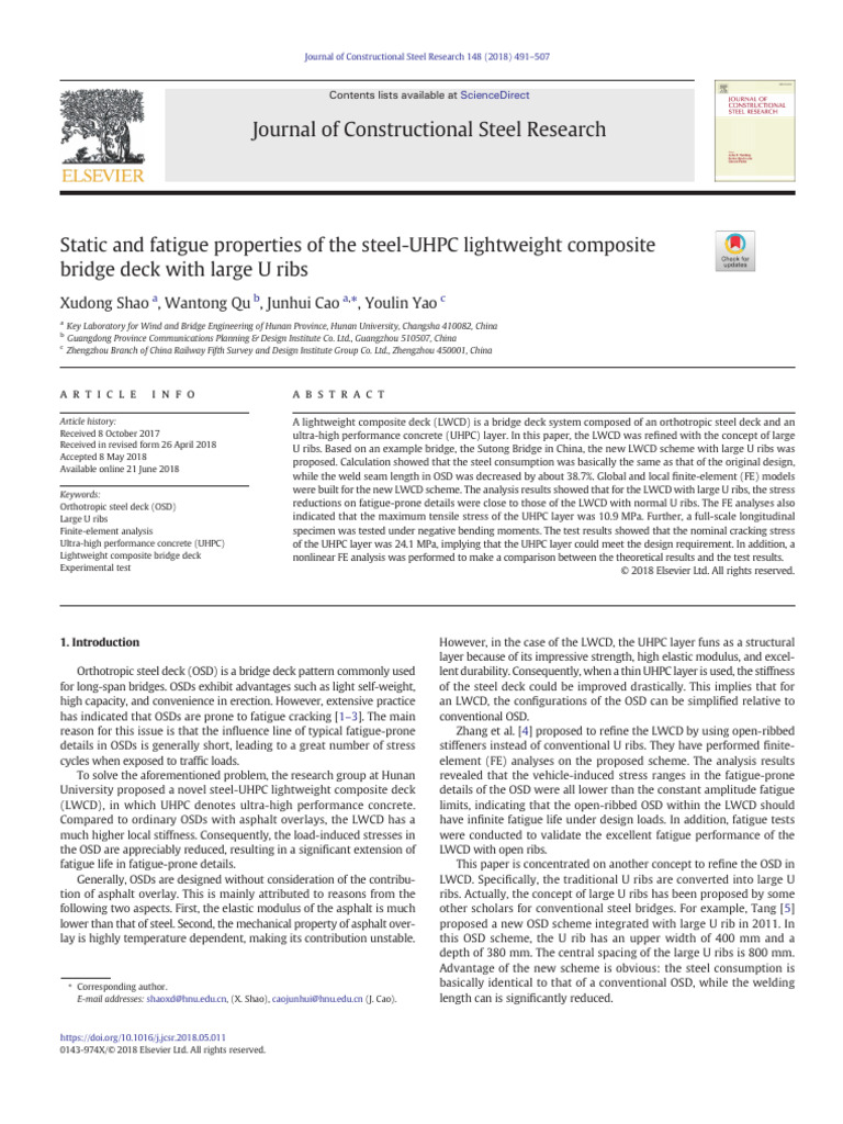 Static and Fatigue Properties of The steel-UHPC Lightweight Composite ...
