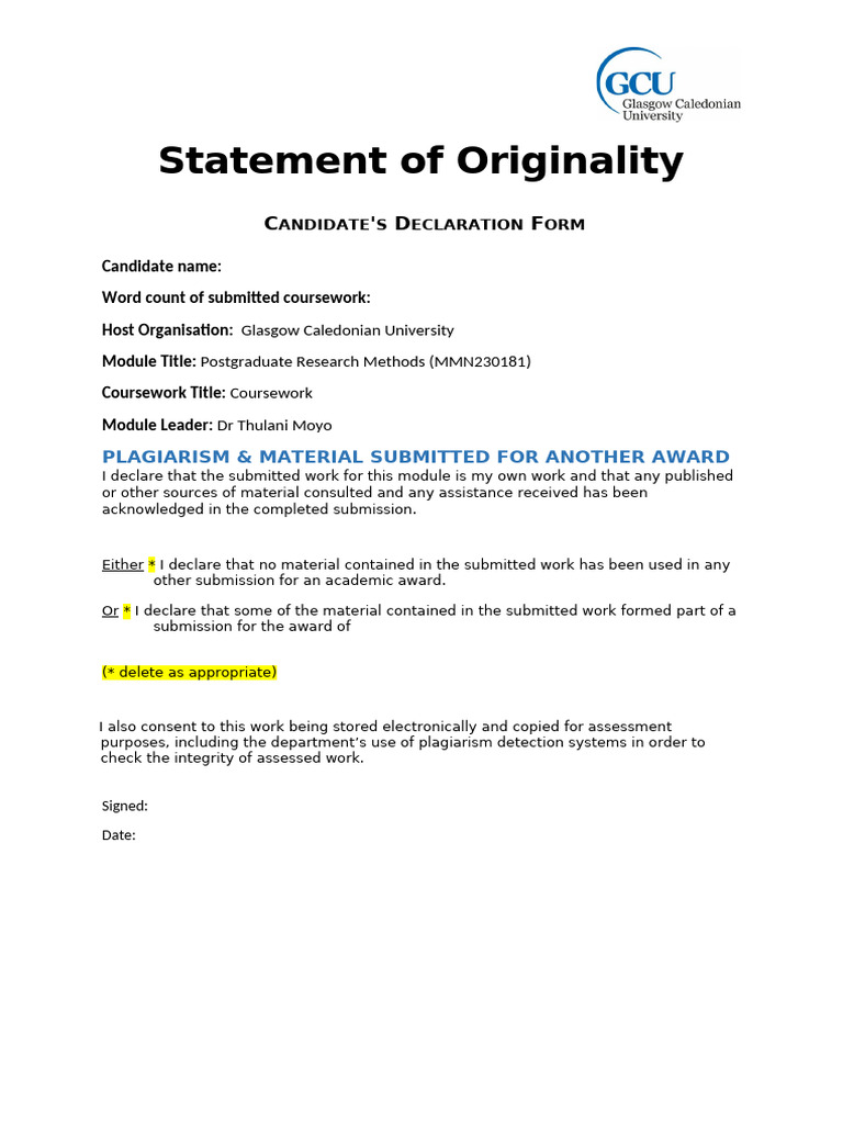 Candidate's Declaration of Originality | PDF