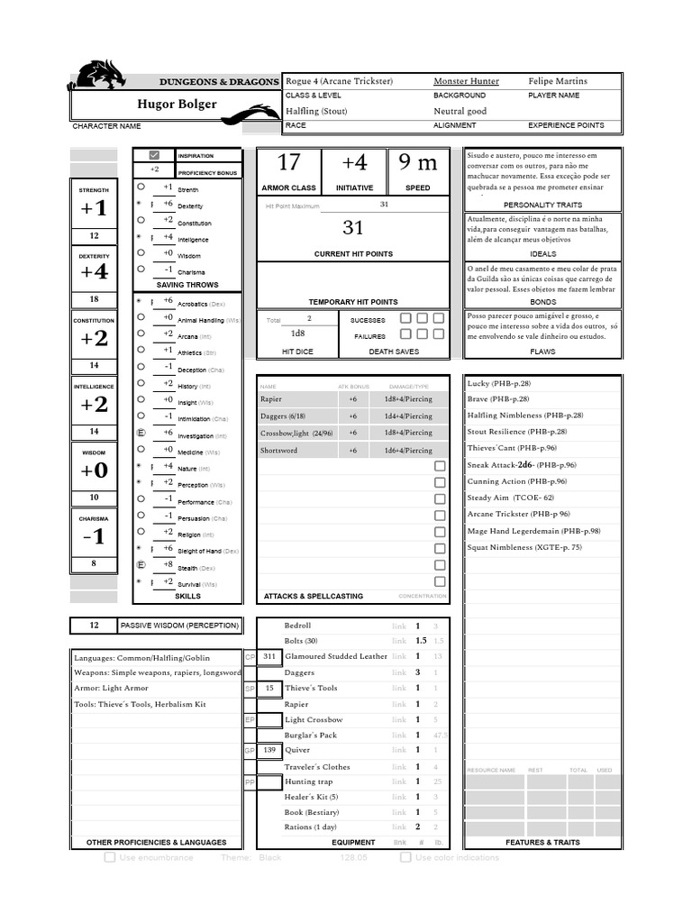 Character Sheet Hugor Bolger - Character | PDF | Dungeons & Dragons ...