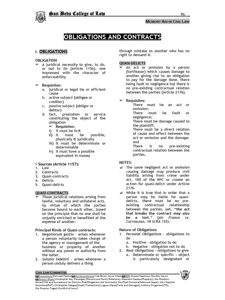 ObliCon Memo Aid | PDF | Law Of Obligations | Negligence
