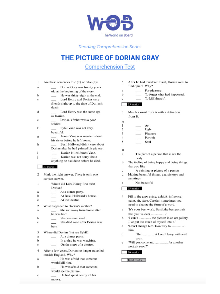 Dorian Gray Reading Comprehension Test | PDF