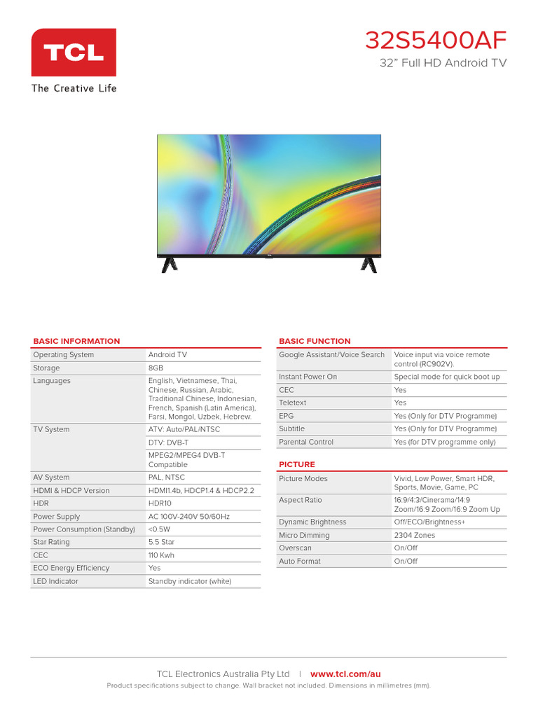 TCL 32S5400AF TV Specifications | PDF | Hdmi | Computing