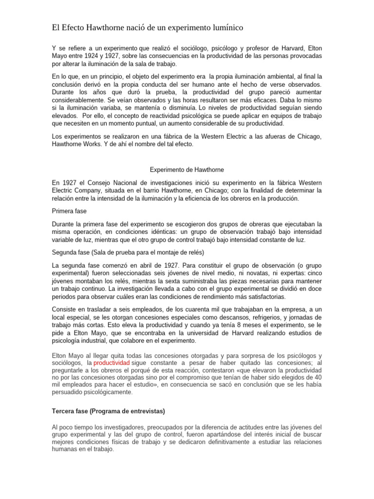 Efecto Hawthorne: Productividad y Conducta | PDF | Conceptos ...