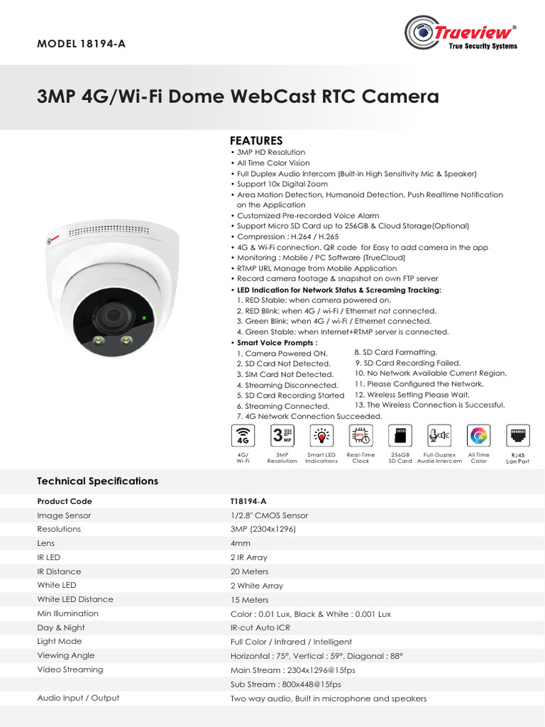 3MP 4G Wi Fi Dome WebCast RTC Datasheet T18194 | PDF | Camera | Wi Fi
