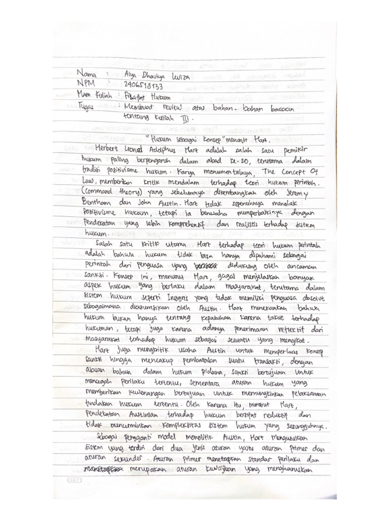 Tugas 4 Filasafat Hukum Alya Dhaviya Leviza 2406518133 | PDF