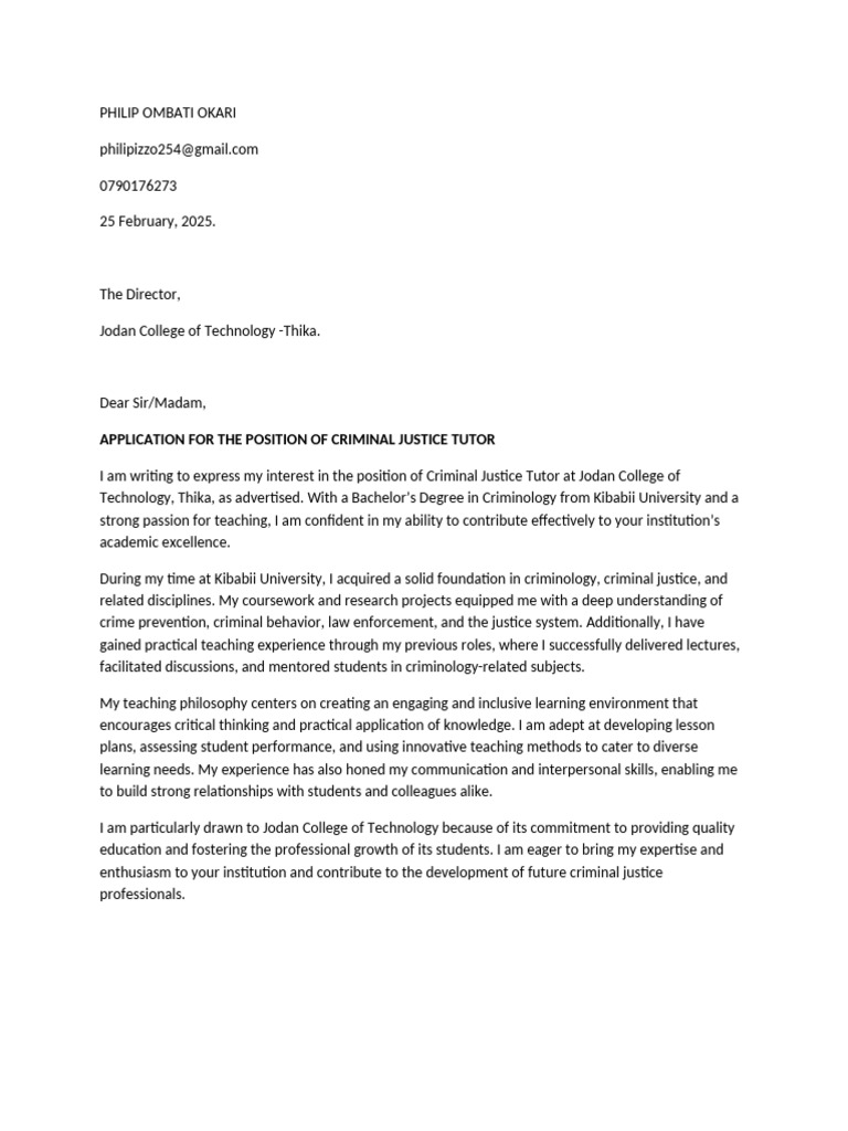 Criminal Justice Tutor Application Letter | PDF