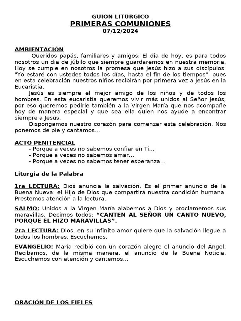 Guión Litúrgico para Primeras Comuniones | PDF | eucaristía | María, madre de Jesús