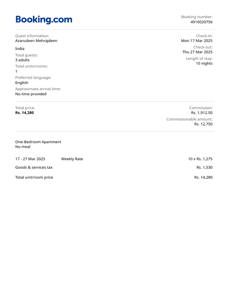One-Bedroom Apartment Booking Details | PDF