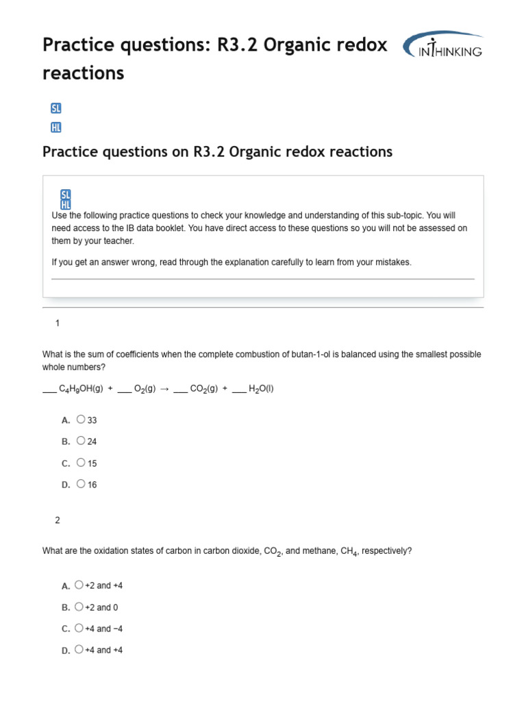 Organic Redox Reaction Practice Questions | PDF | Redox | Organic Chemistry