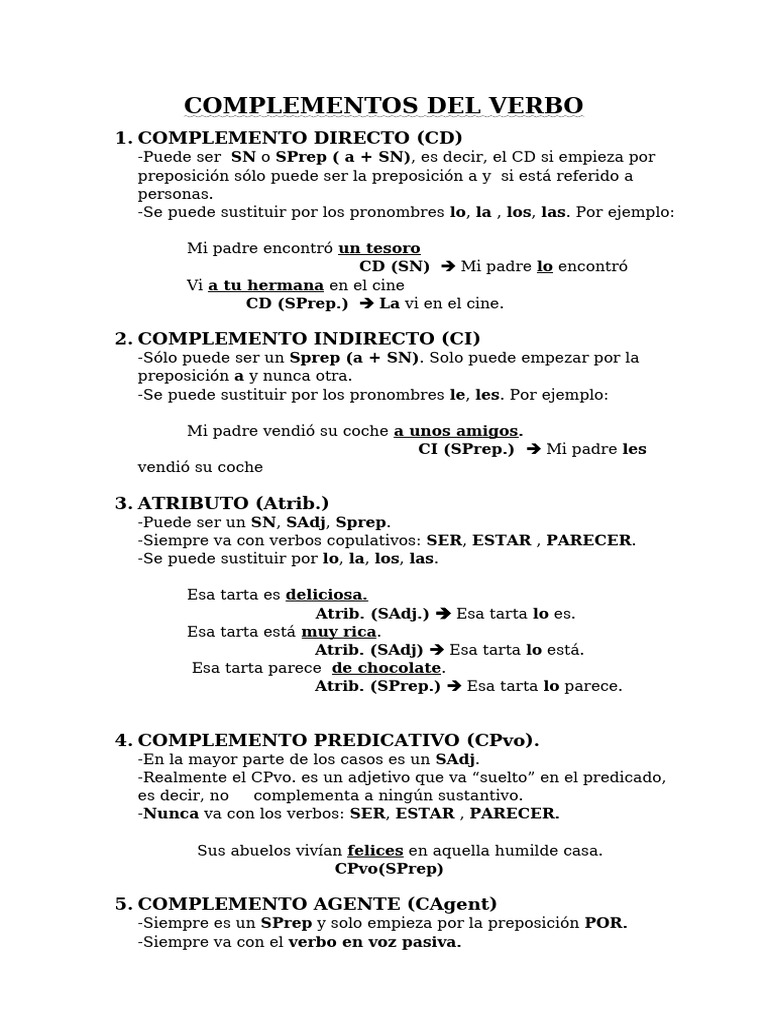 Tipos de Complementos del Verbo | PDF | Verbo | Objeto (gramática)