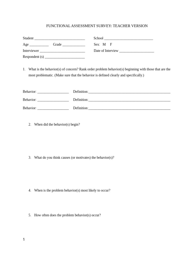 Functional Assessment Survey - Teachers | PDF | Behavior ...