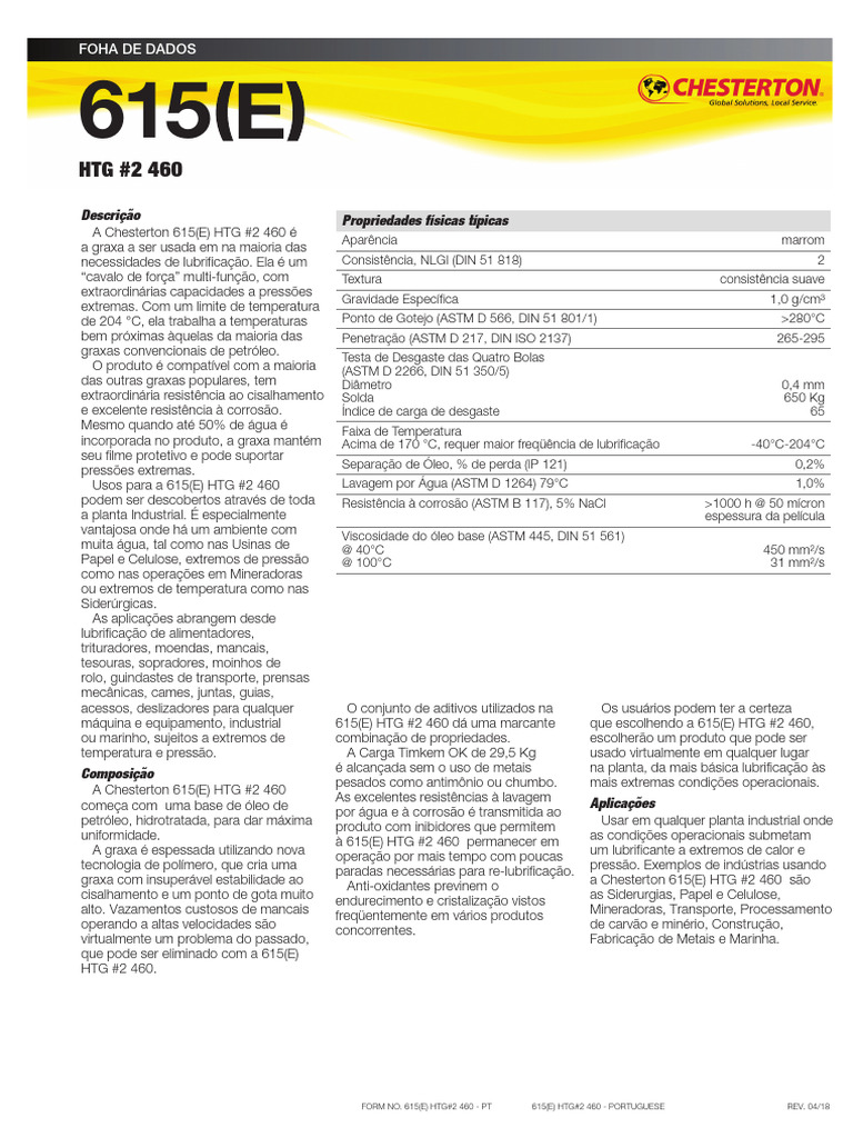 PDS - 615 (E) HTG 2 460 - PT - 04-2018 | PDF | Óleo de motor | Materiais