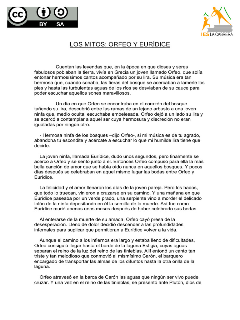 Mito de Orfeo y Eurídice: Resumen y Actividades | PDF | Orfeo