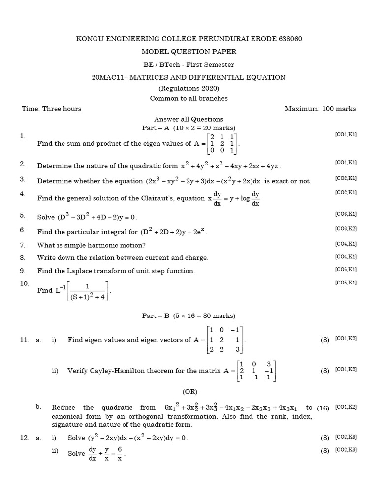 Model Question Paper 20MAC11 | PDF | Mathematical Analysis | Mathematical Concepts