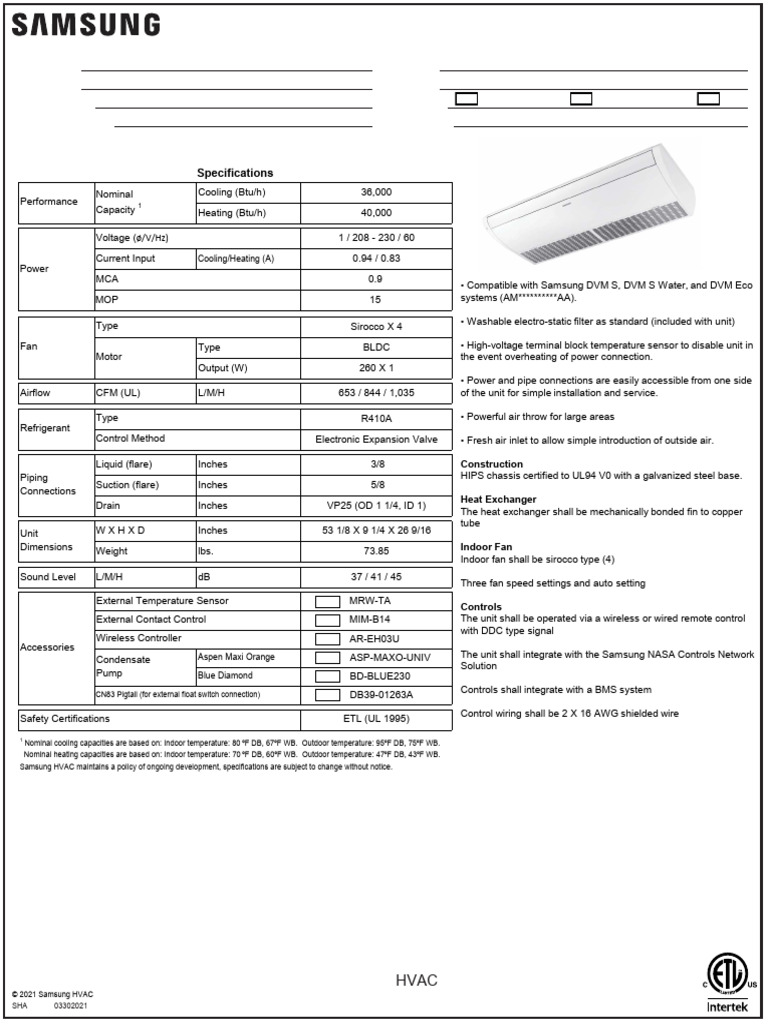 Am036jncdch+aa+submittal Ceiling 03302021 | PDF | Electrical Engineering | Mechanical Engineering