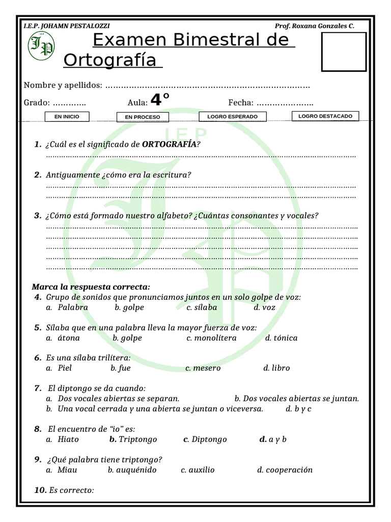 Examen Bimestral Ortografía | PDF | Fonética | Voz humana