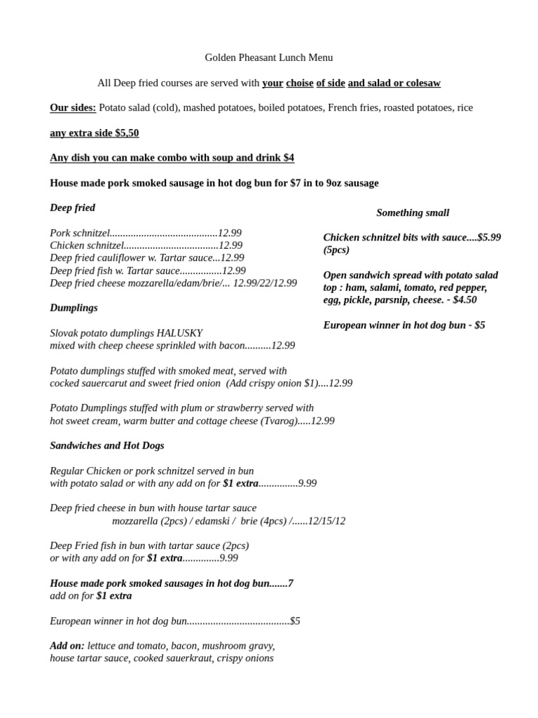 Golden Pheasant Lunch Menu Prices | PDF
