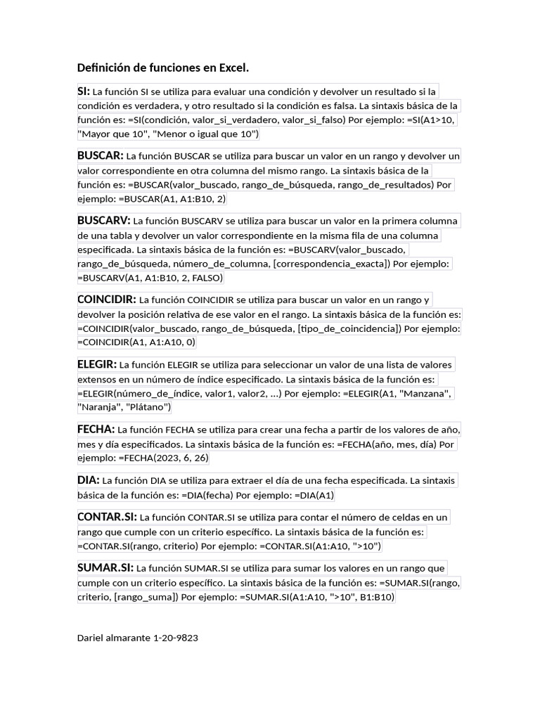Definición de Funciones en Excel | PDF