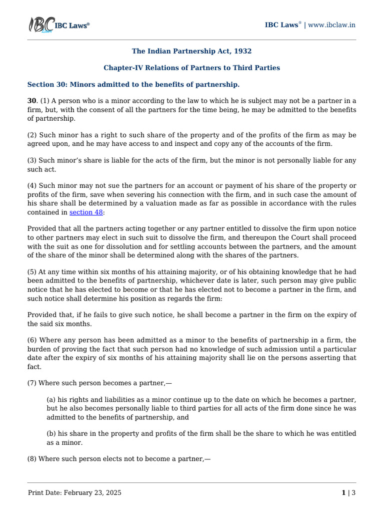 Section 30 of The Indian Partnership Act 1932 Minors Admitted To The ...
