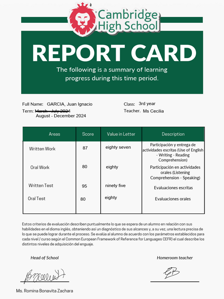 Report Card CHS Garcia | PDF