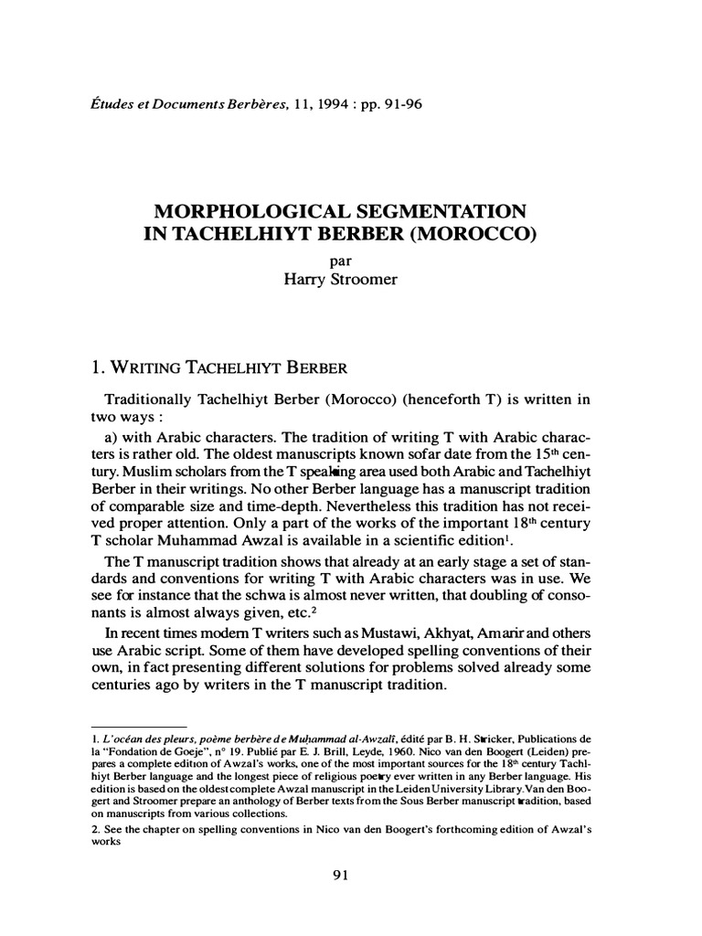 Morphological Segmentation in Tachelhiyt Berber Morocco | PDF