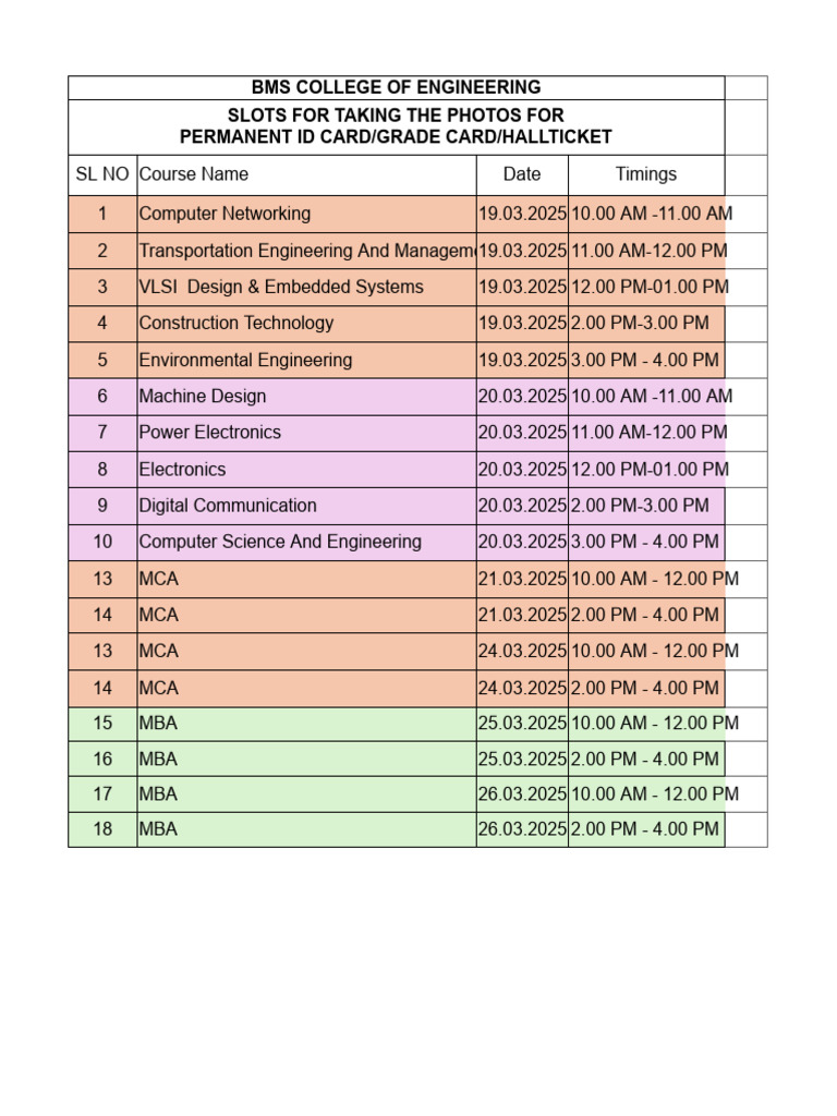 FRST Year PG Photo Session Time Table | PDF