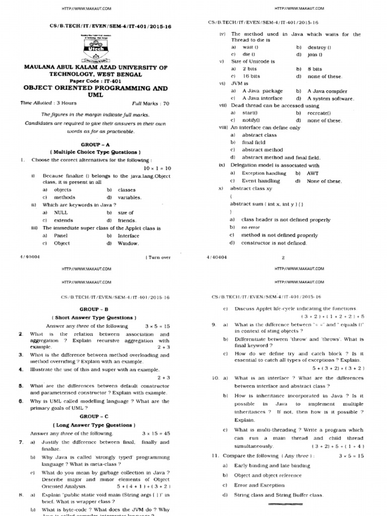 Btech It 4 Sem Object Oriented Programming and Uml 2016 (1) | PDF