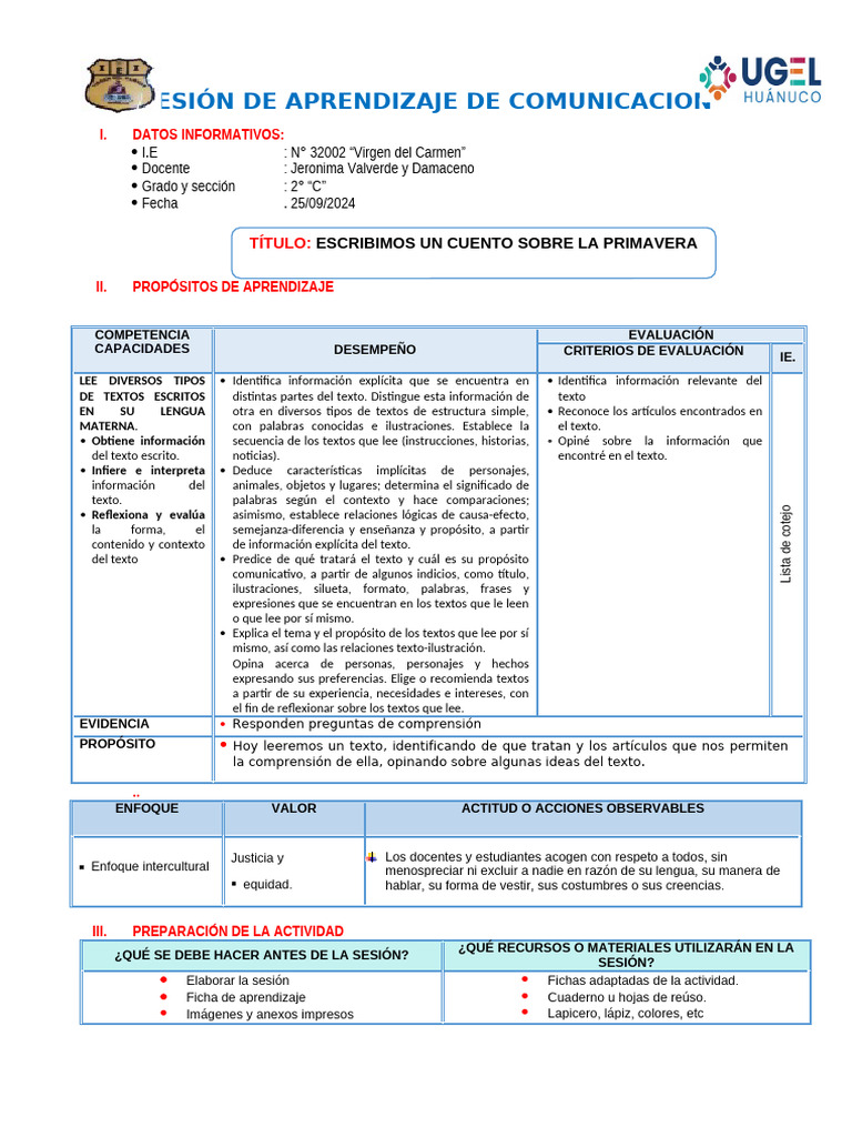 Sesión de Comunicacin, Escribimos Un Cuento de Primavera | PDF | Información | Aprendizaje