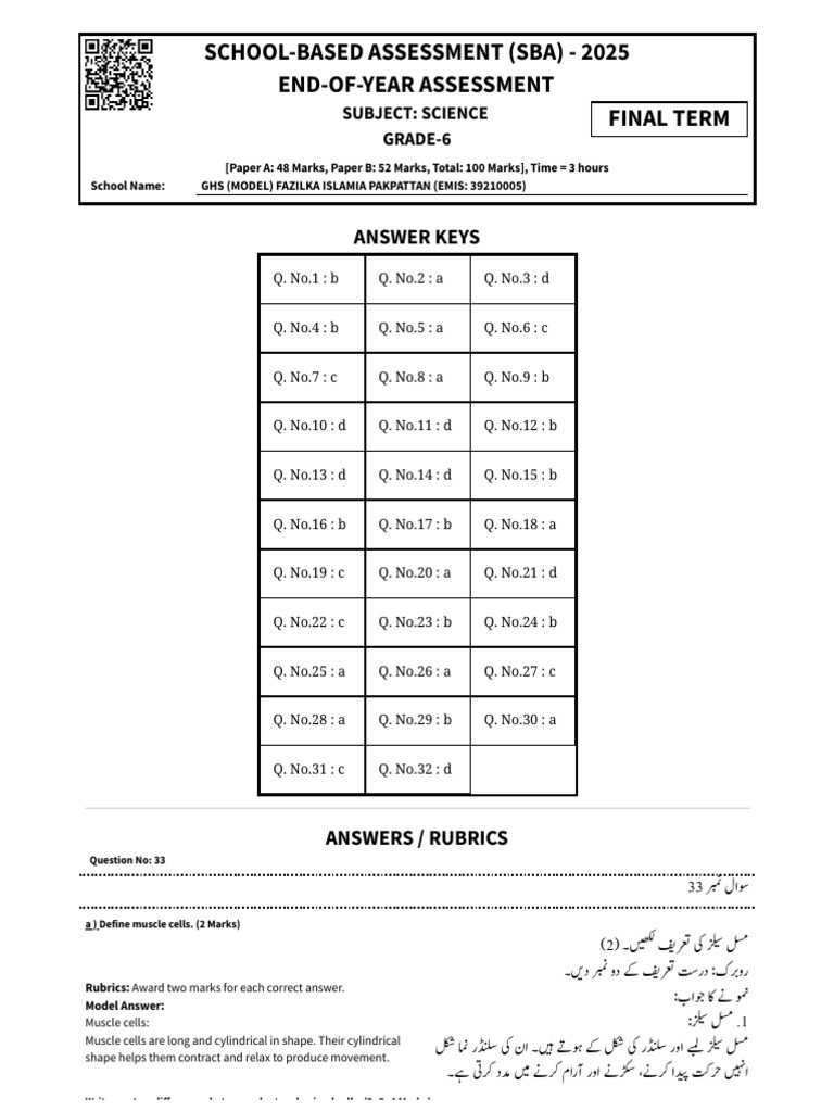 Paper Key - End of Year Sba-2025 | PDF