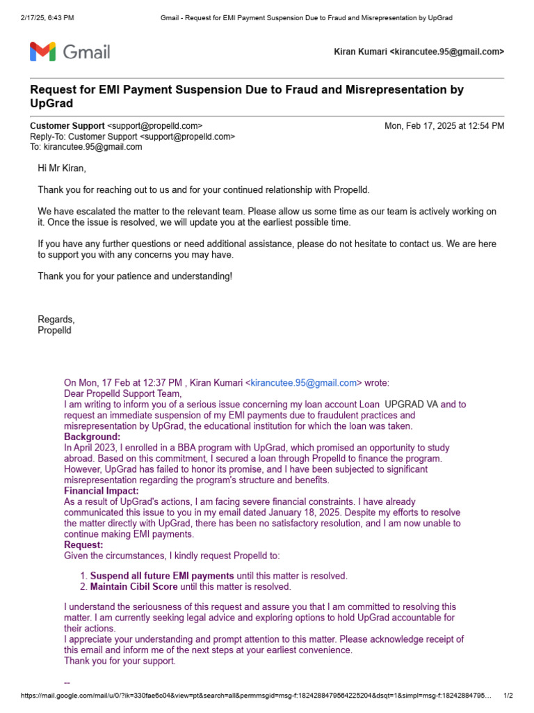 EMI Suspension Request Due to UpGrad Fraud | PDF