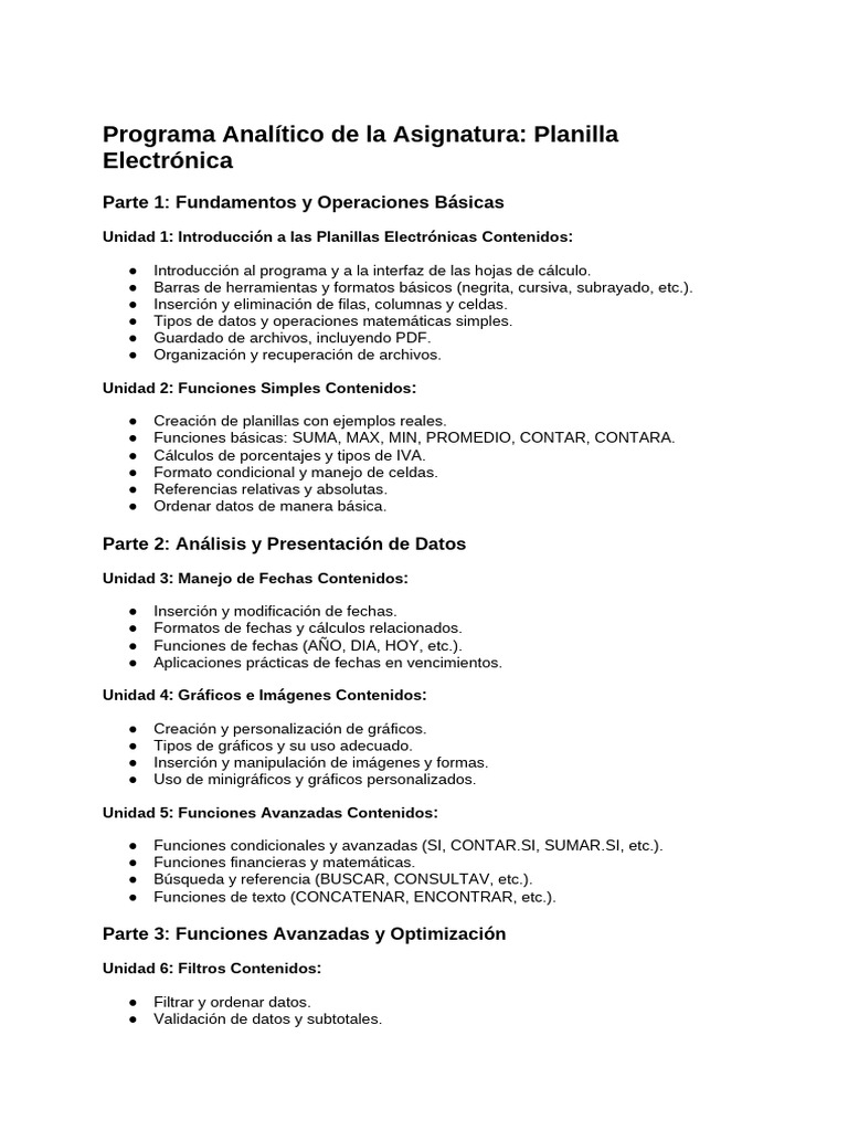Programa Analítico de la Asignatura_ Planilla Electrónica | PDF | Hoja de cálculo | Informática