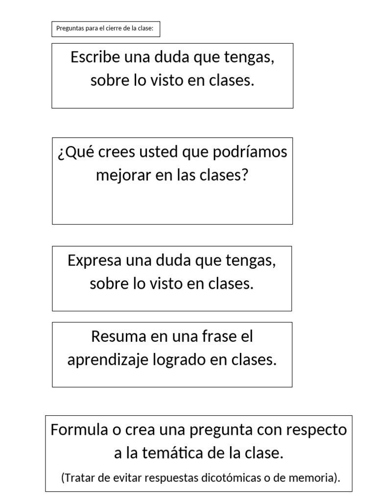 Preguntas para El Cierre de La Clase | PDF