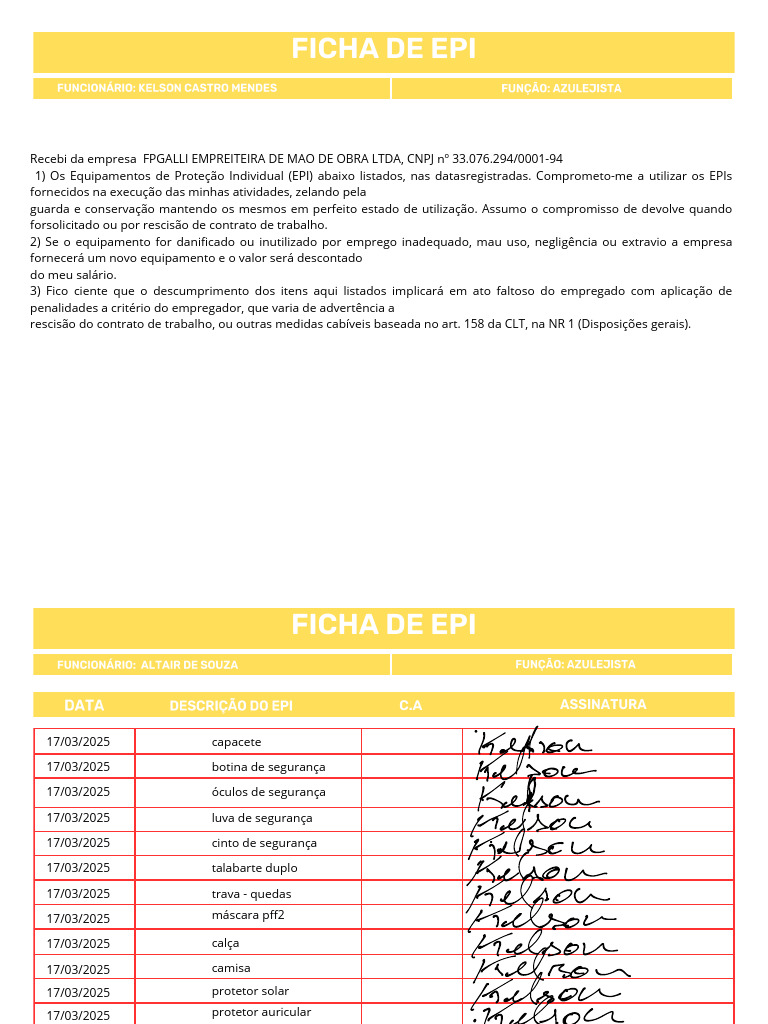 Kelson Ficha de EPI | PDF
