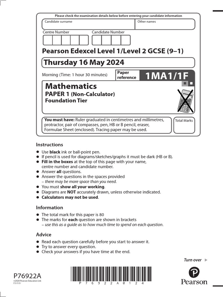 Edexcel GCSE Maths Paper 1 - May 2024 | PDF | Area