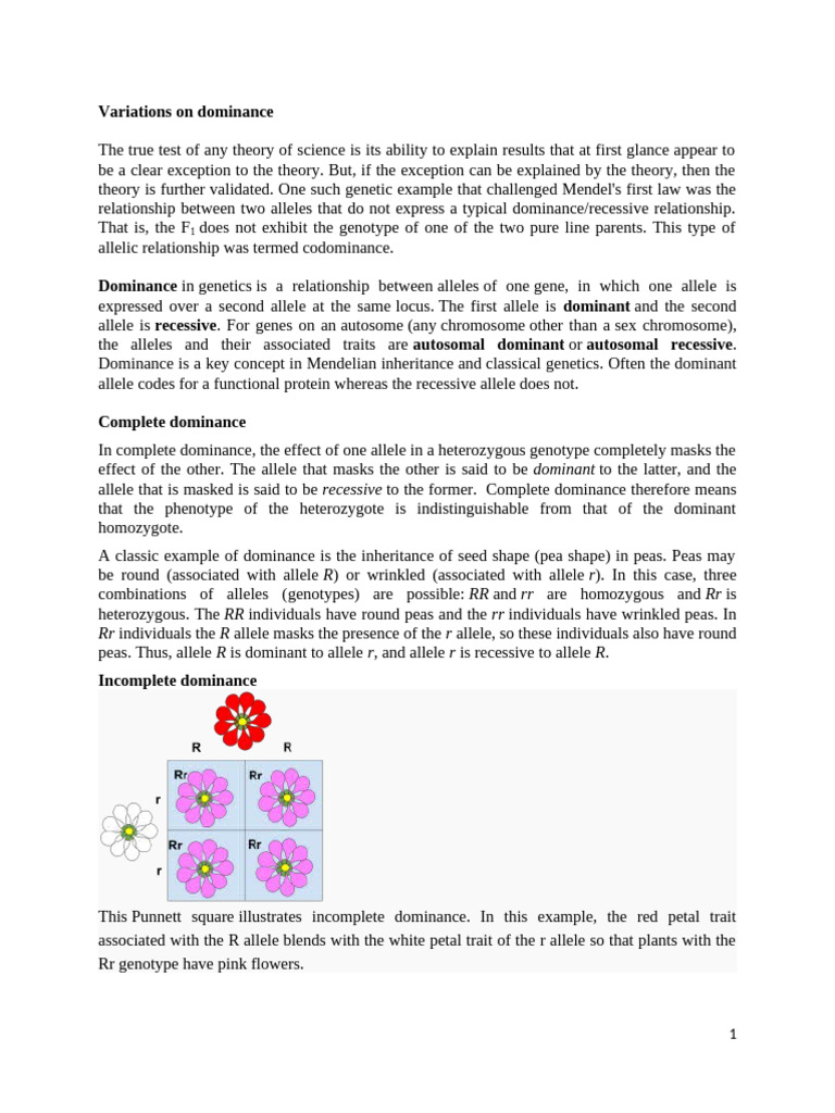 Variations of Dominance in Genetics | PDF | Dominance (Genetics) | Allele