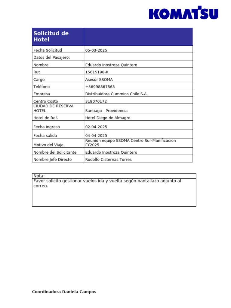Formulario Solicitud de Hotel Santiago | PDF