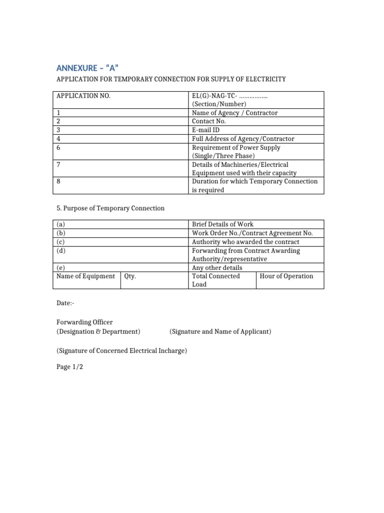 Temporary Connection Application Form | PDF