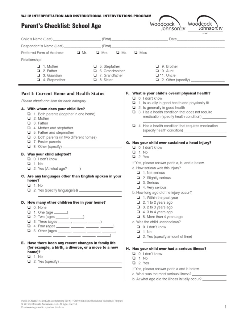 Parent Checklist for School-Age Children | PDF | Stepfamily | Hearing