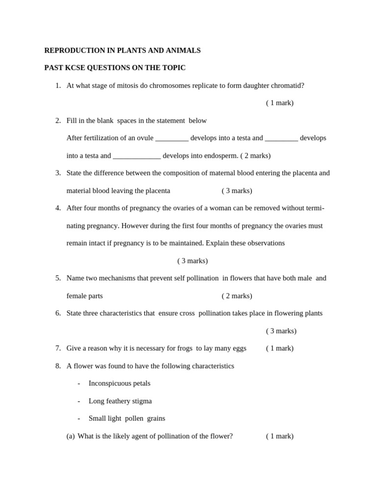 KCSE Past Questions on Plant and Animal Reproduction | PDF | Flowers ...