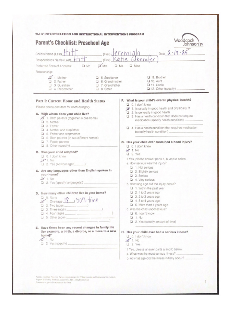 Parent's Checklist Preschool Age | PDF