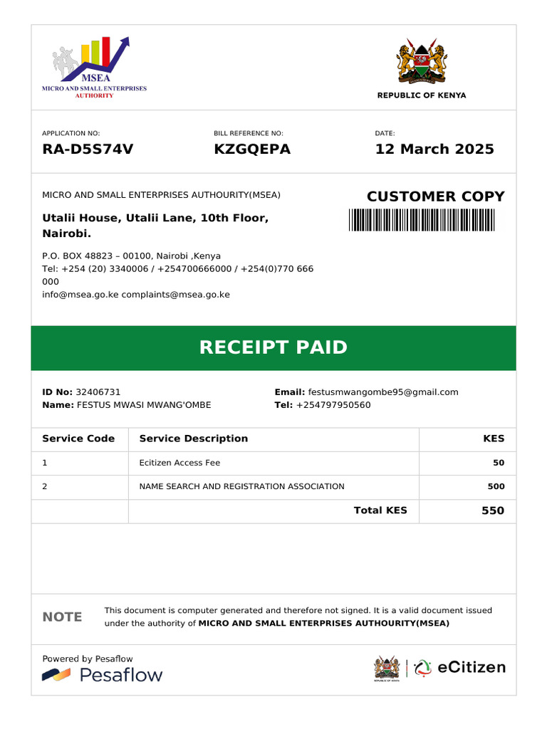 MSEA Receipt for Name Registration Fee | PDF | Written Communication