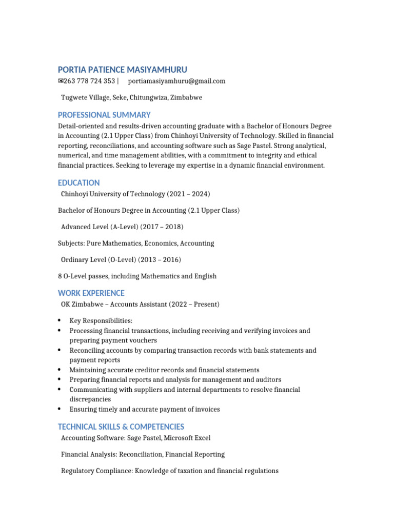 Accounting Graduate Resume Zimbabwe | PDF