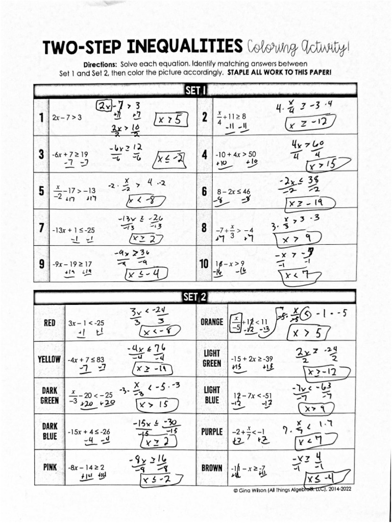 Math 8 - Two Step Inequalities Coloring Activity (Answer Key) | PDF