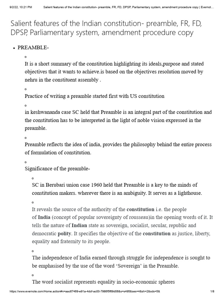 Salient Features of The Indian Constitution - Preamble, FR, FD, DPSP, Parliamentary System ...